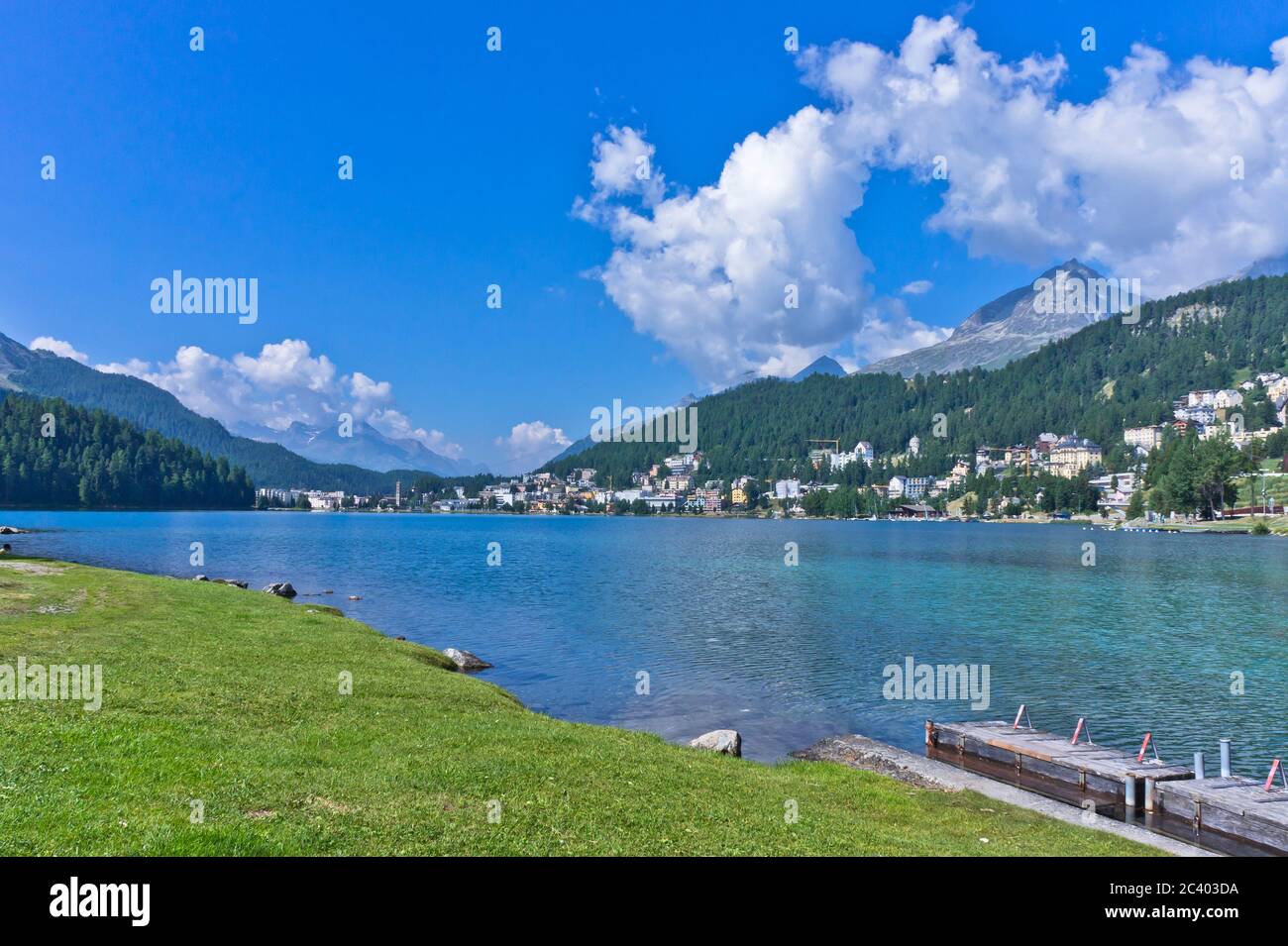 Old city view from the lake Saint Moritz, Alps, Switzerland Stock Photo ...