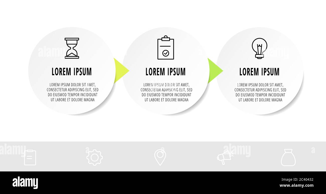 Infographic circles with three steps, arrows. Line vector template. Can be used for diagram ...
