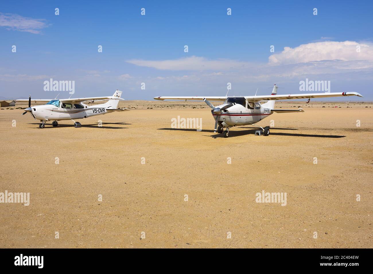 SWAKOPMUND, NAMIBIA - JAN 31, 2016: Two Cessna airplanes on the small ...