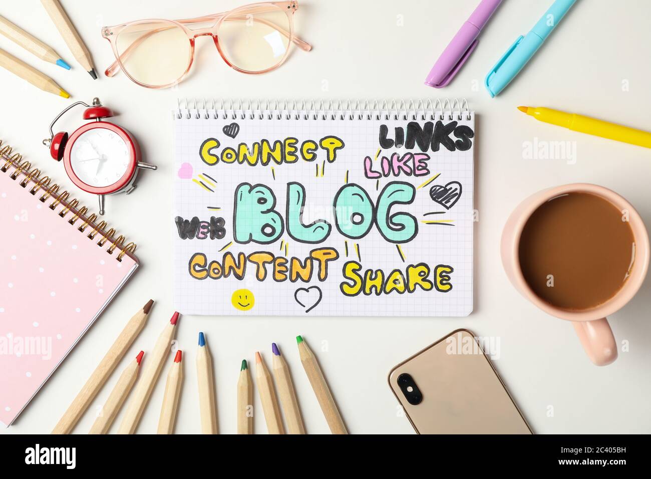 Composition blog accessories on white background. Blogger workspace ...