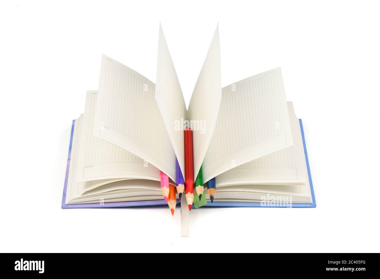 Open diary with different pencils isolated on white background. High ...
