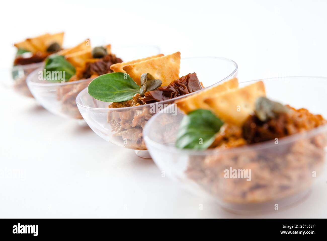 Conference snacks. Dry catering. Small dish snacks on a white ...