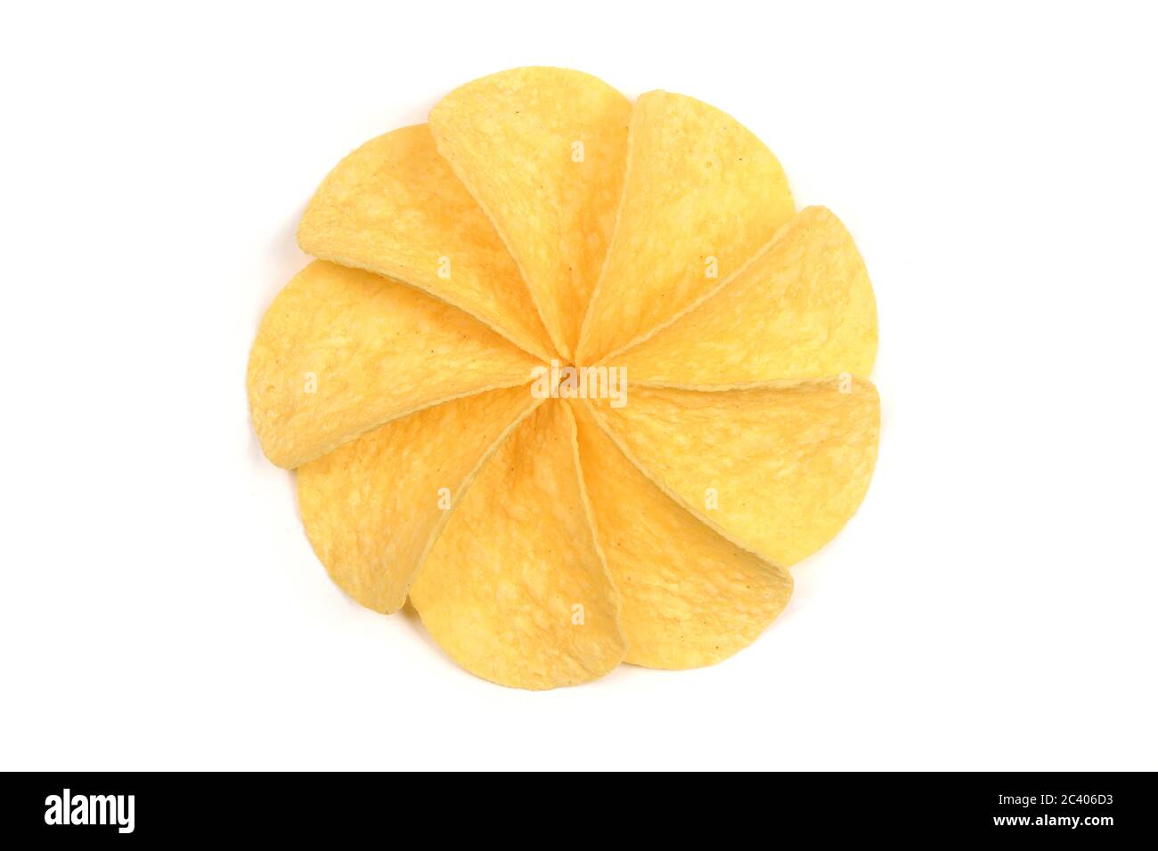 Tasty crispy potato chips in shape of circle isolated on white ...