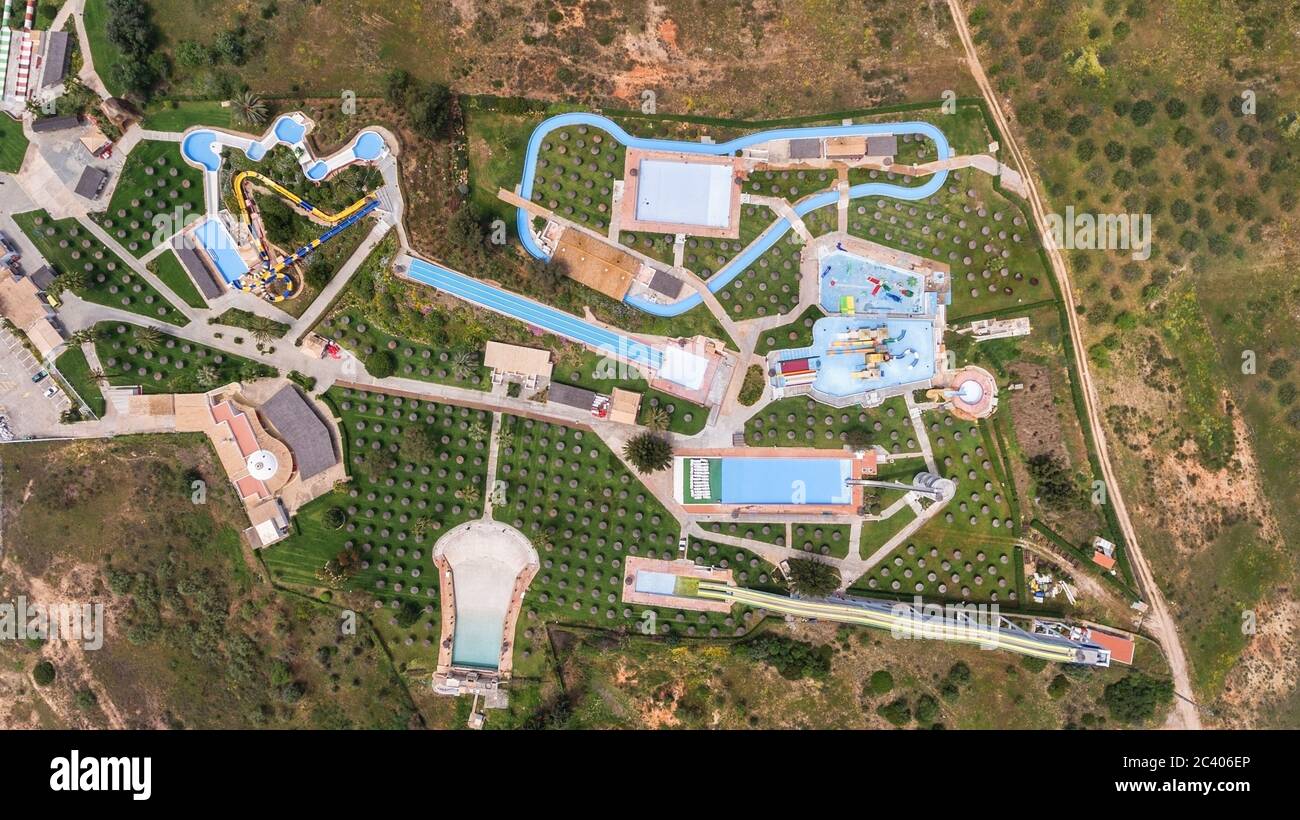Aerial image of a large Water park with various slides and pools. Close ...