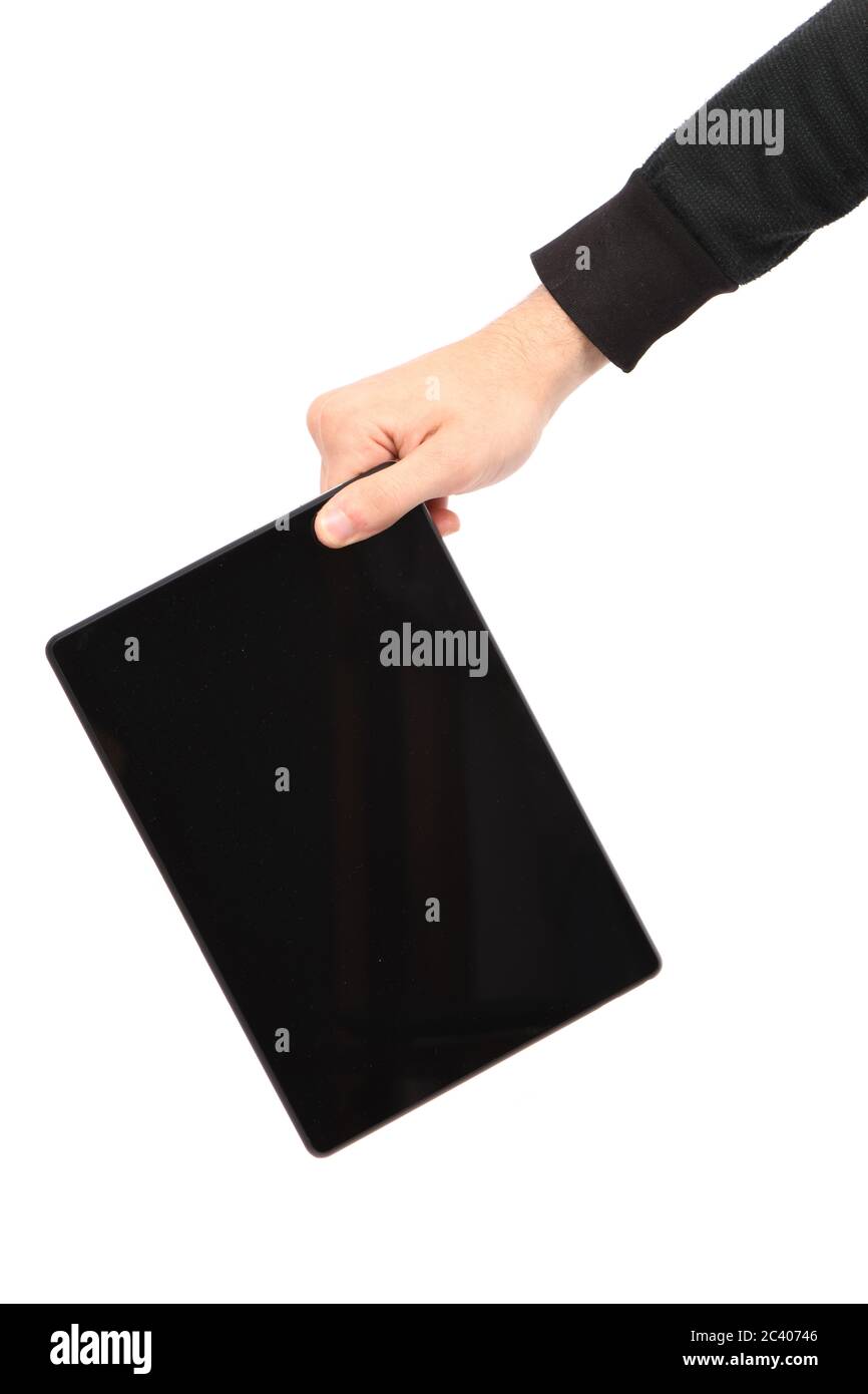 Hand holds tablet pc isolated on white background. High resolution ...