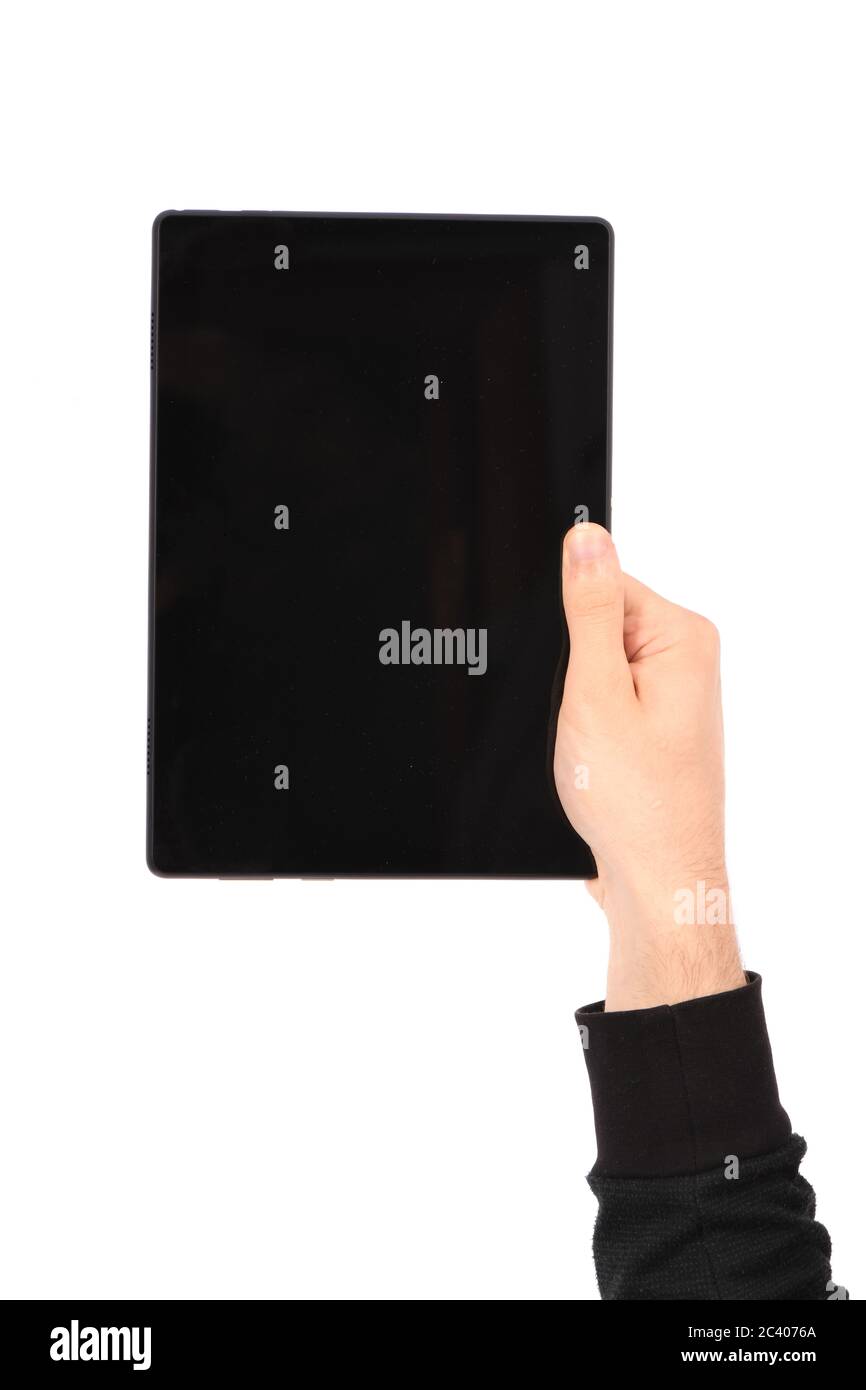 Hand holds tablet pc isolated on white background. High resolution ...