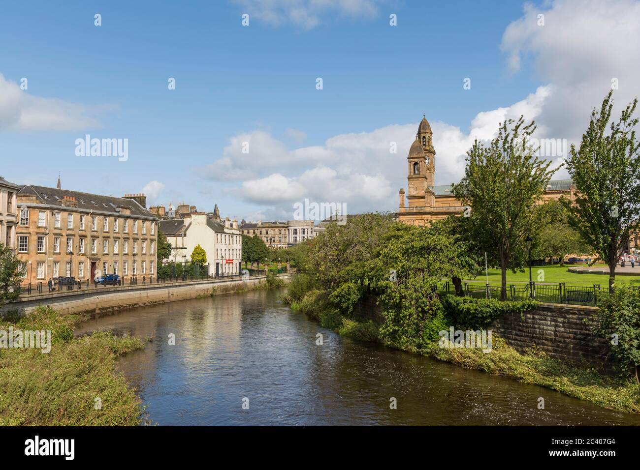 Paisley town centre and White Cart Water in summer sun viewed from ...