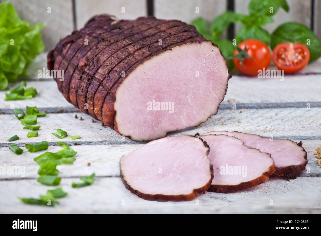 Ham, pork, bacon - smoked ham on a white background. Slices of ham ...