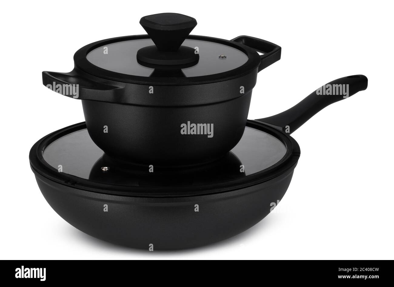 New set of black cookware isolated on white Stock Photo - Alamy