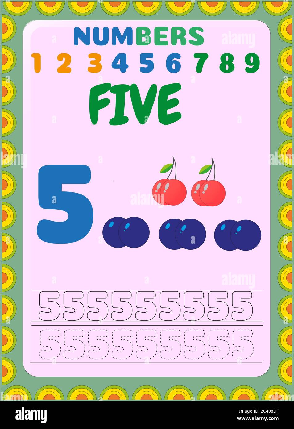 Preschool and toddler math with cherry and blueberry design Stock ...