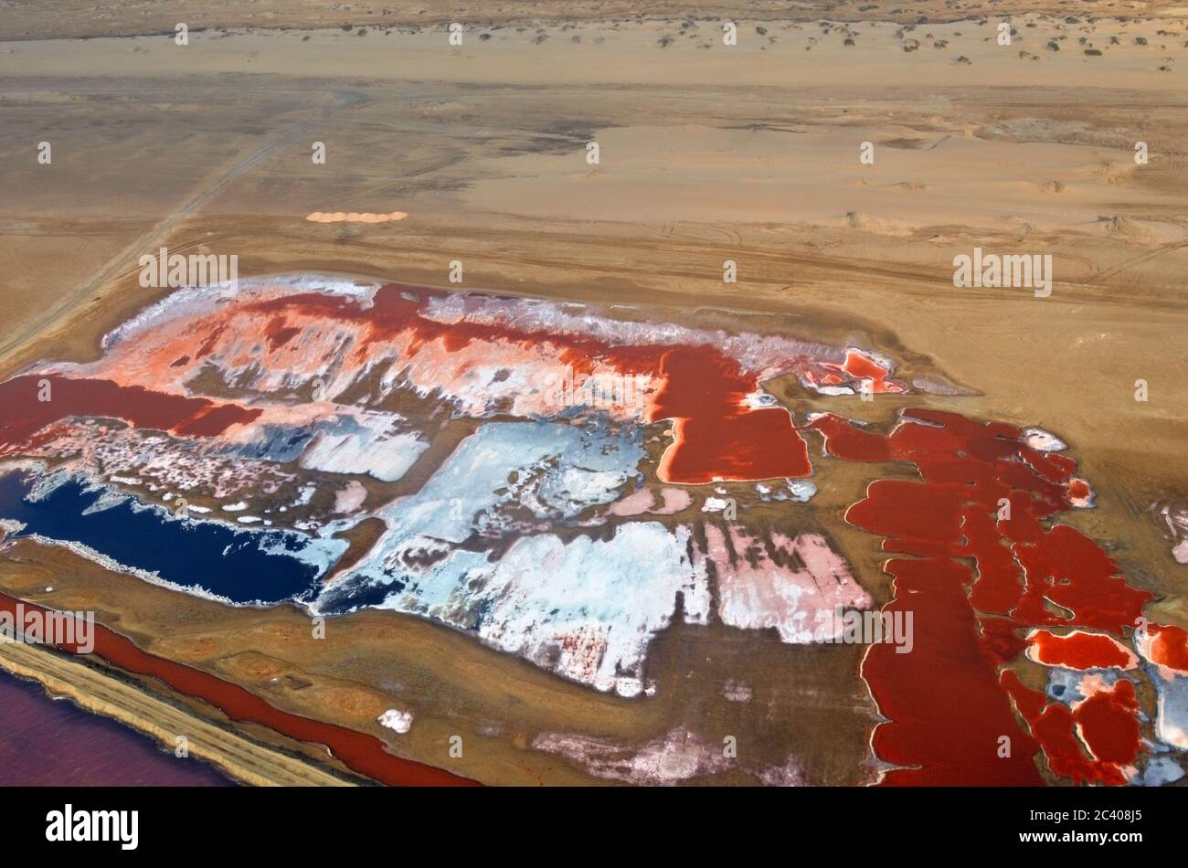 Salt manufacturing. Saltworks in Walvis bay, Namibia. Africa. Aerial ...
