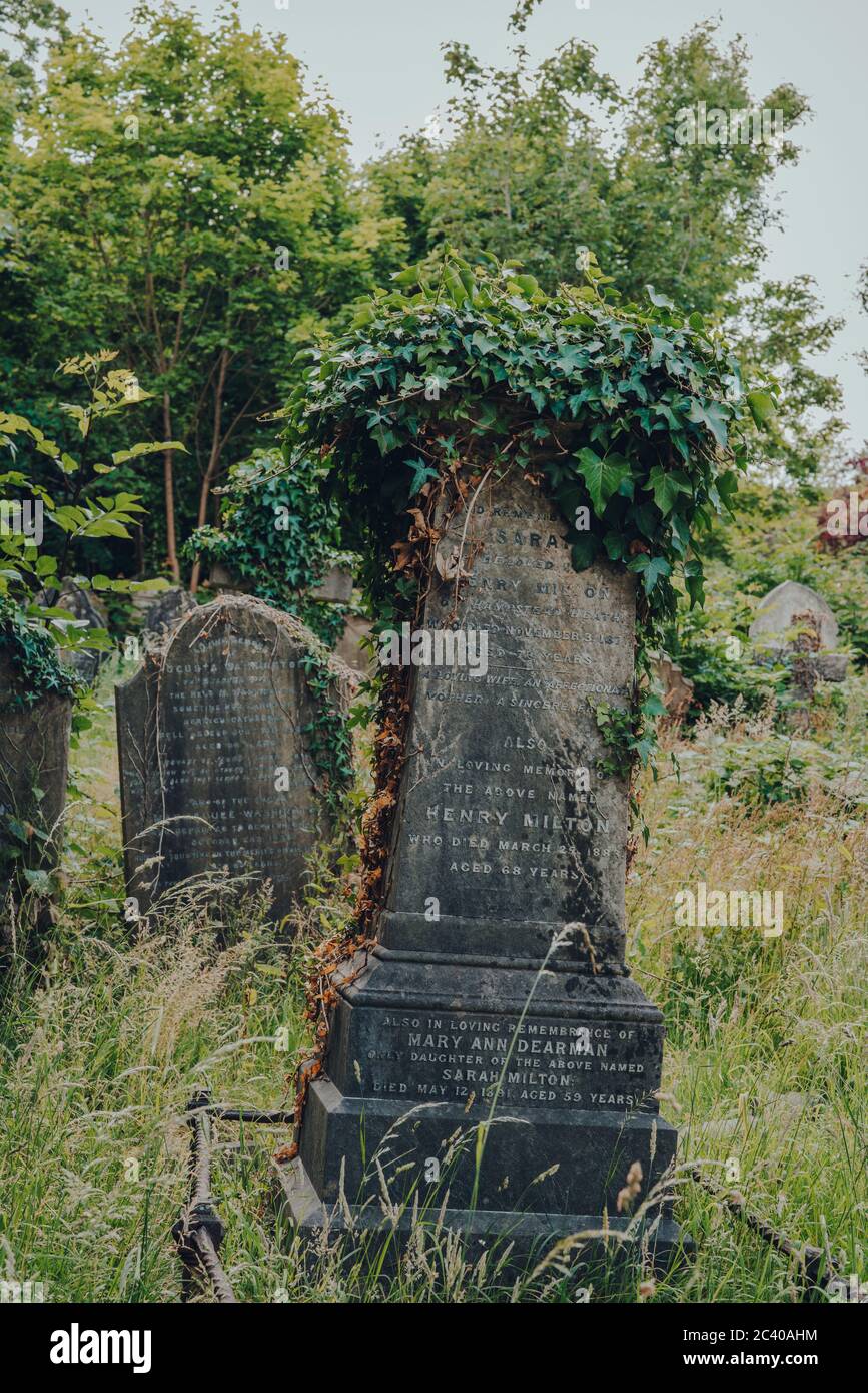 London, UK - June 16, 2020: Leaning tombstones inside Hampstead ...
