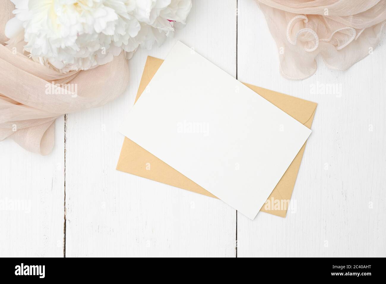 Romantic love letter concept. Flat lay kraft paper envelope, blank note ...
