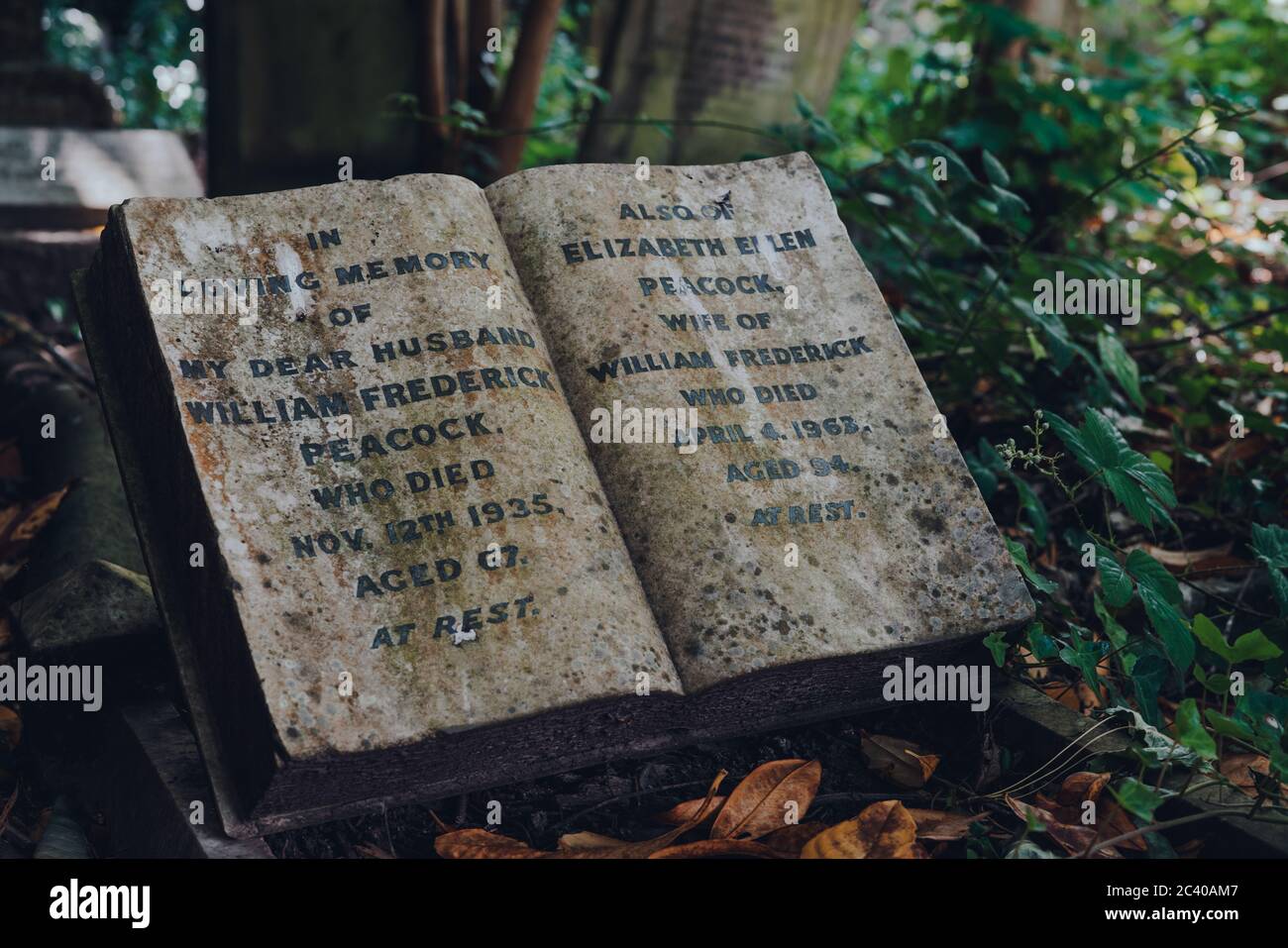 London, UK - June 16, 2020: Book-shaped tombstone for wife and husband ...