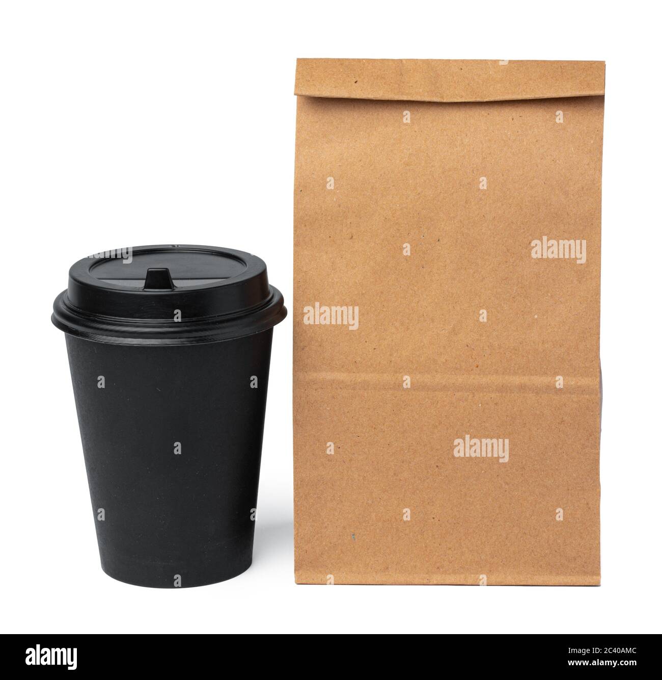 Craft paper bag with coffee cup on white background Stock Photo - Alamy