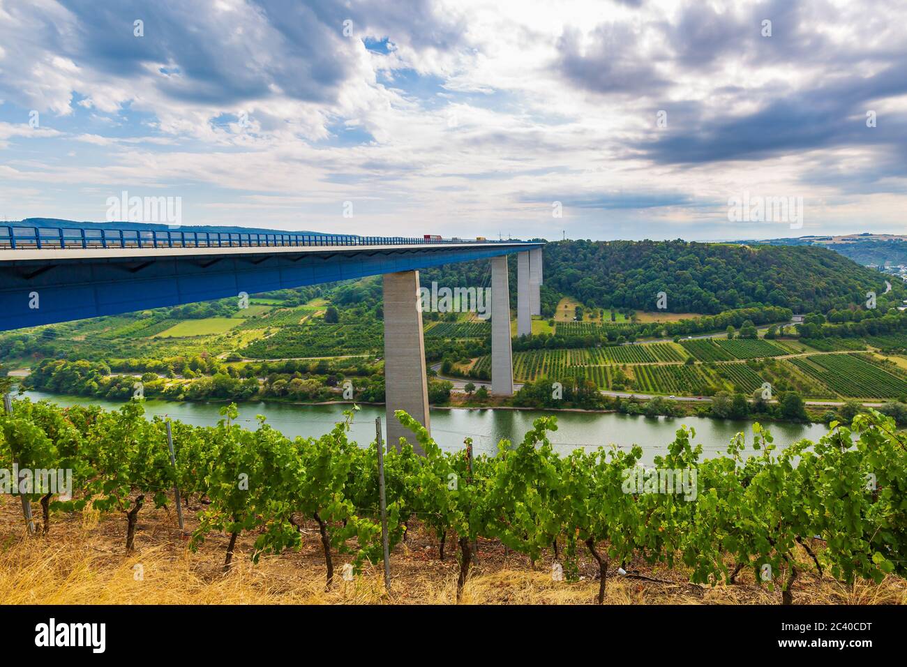 View at a steel beam bridge connecting the Hunsrück and Eifel mountain ...