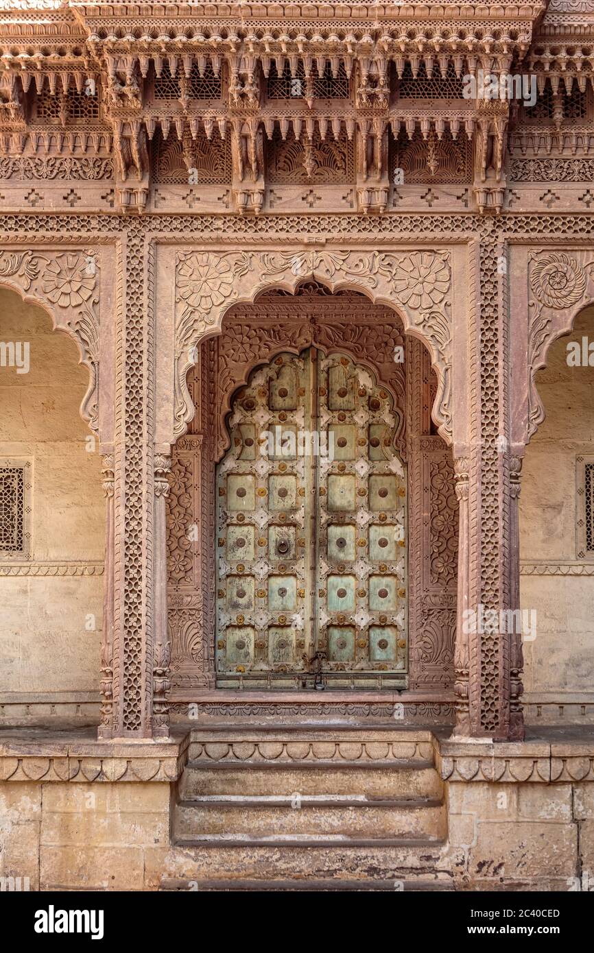 Green old gate at Jodhpur fort near main gate entrance, India Stock ...