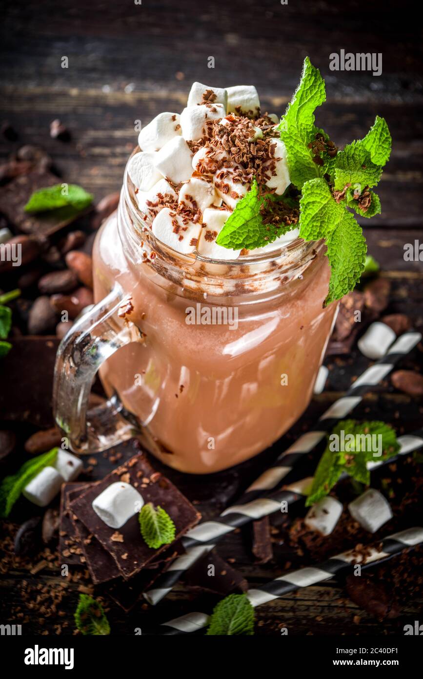 Chocolate milk shake with sauce, marshmallows and grated chocolate ...