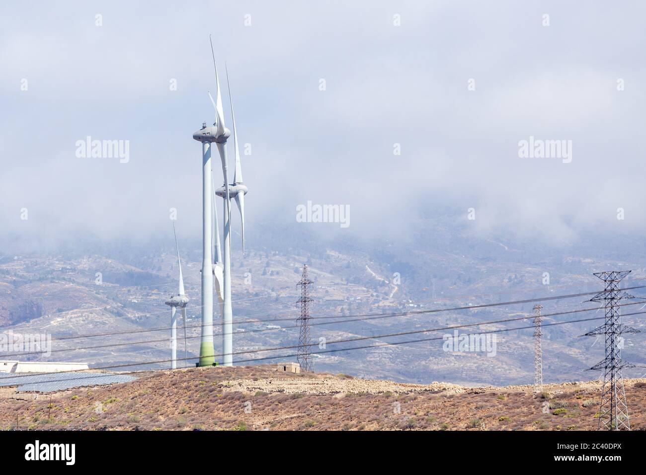 Wind eco energy concept image with copyspace. Wind generators at the ...