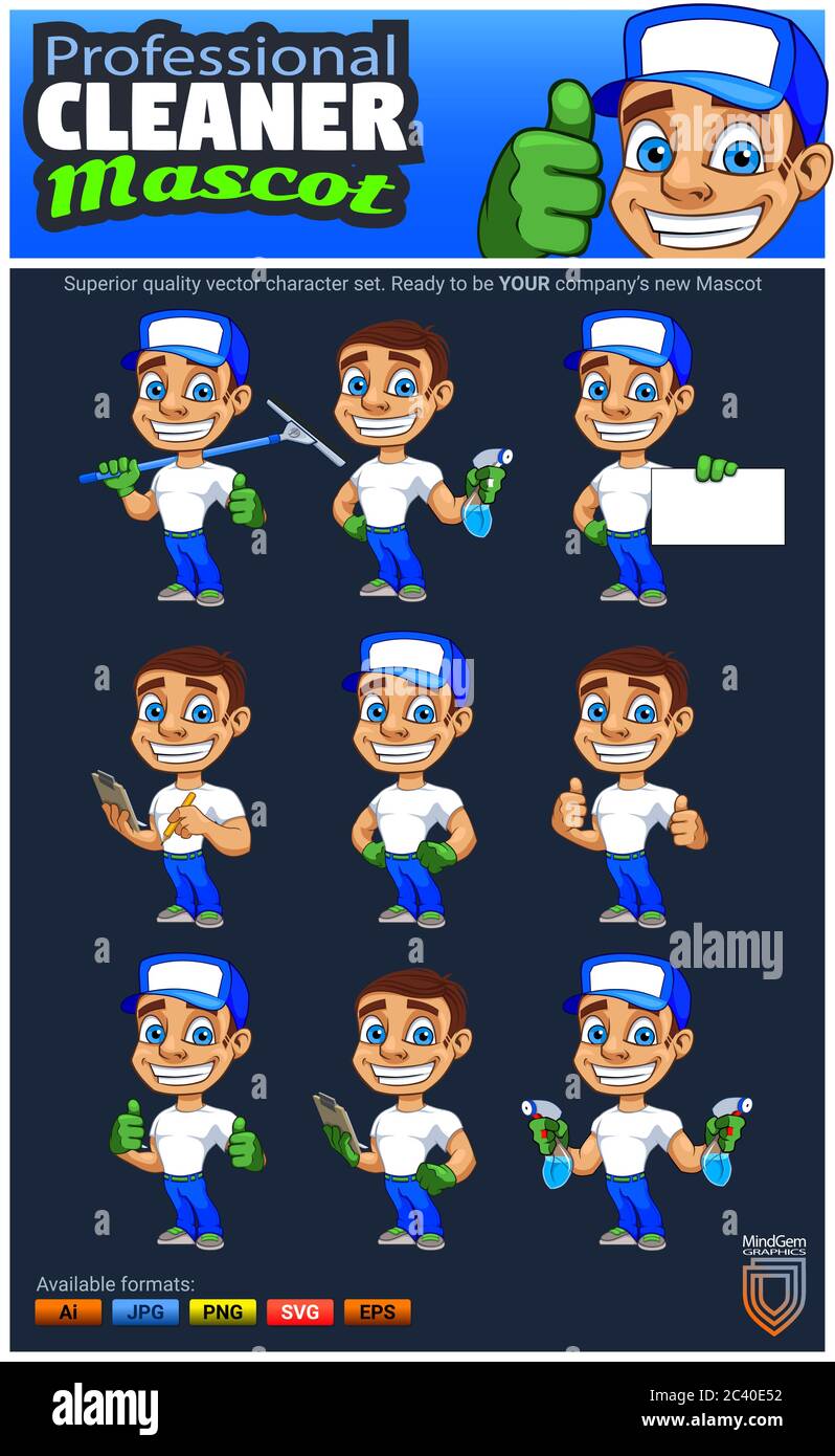 Cleaner Mascot Character set. 9 Different Cleaning Cartoons in One Pack ...