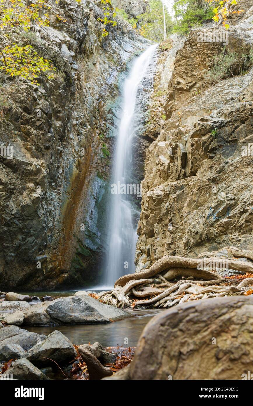 a view of a small waterfall in troodos mountains in cyprus. The ...