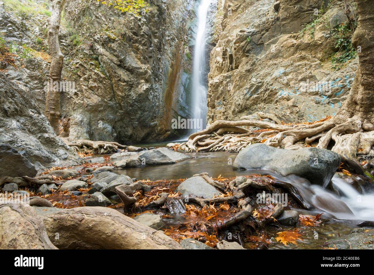 a view of a small waterfall in troodos mountains in cyprus. The ...