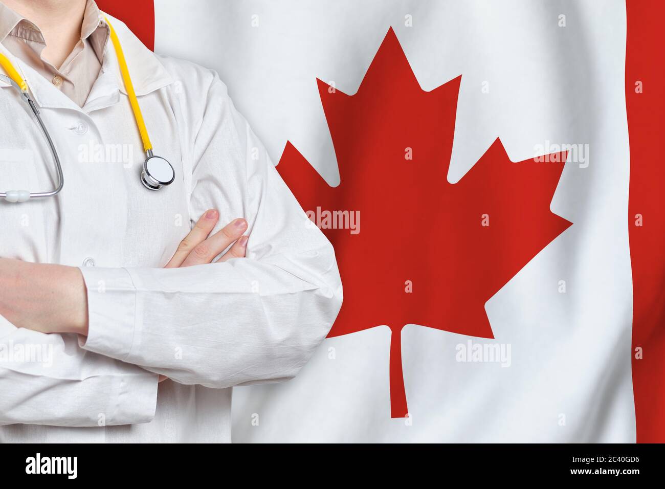 Canada healthcare concept with doctor man on flag background. Medical ...