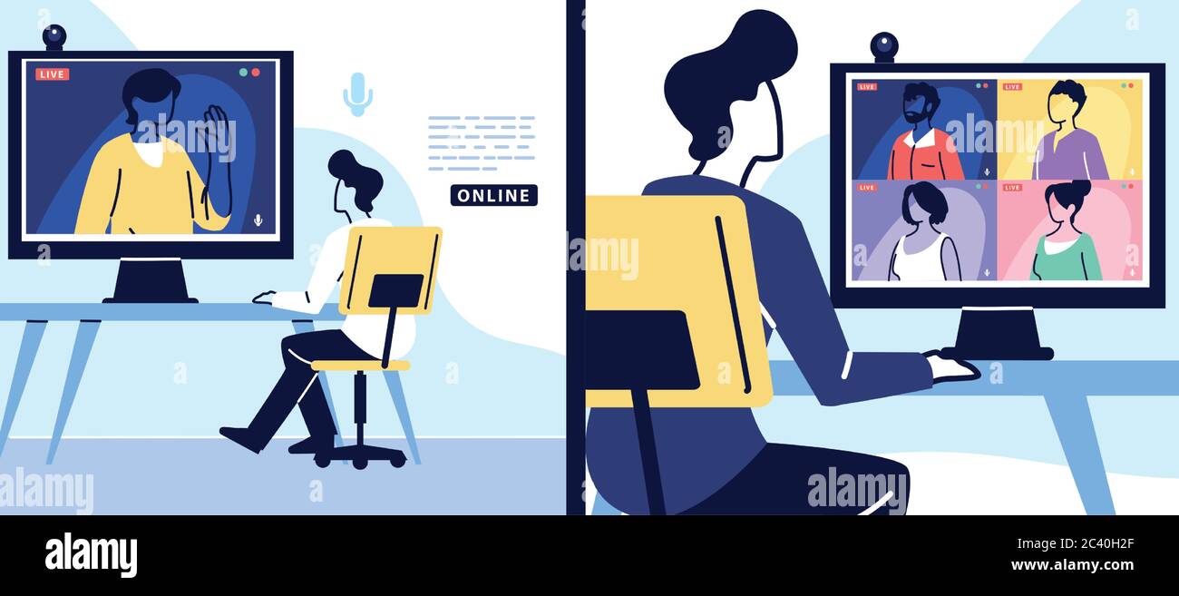 man using computer for virtual meeting, banner vector illustration ...