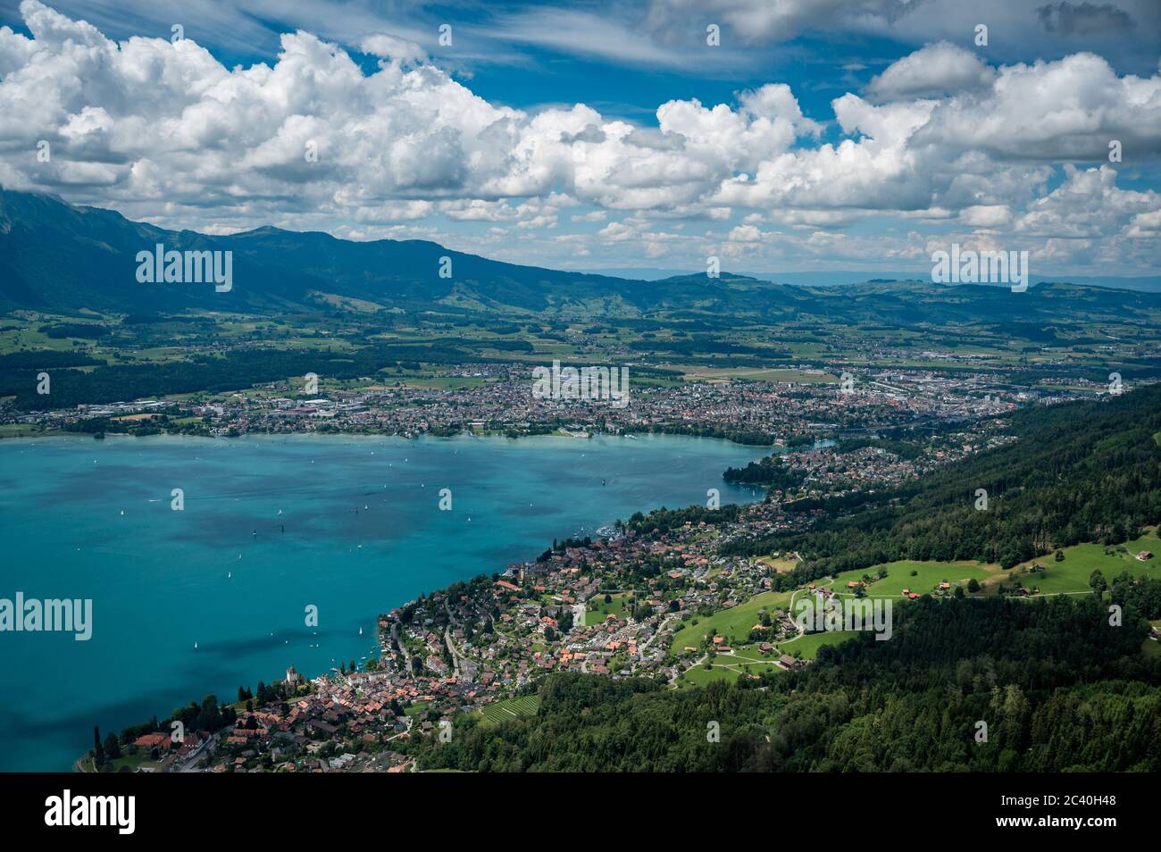 aerial view of Thun and Lake Thun seen from the Helicopter Stock Photo ...