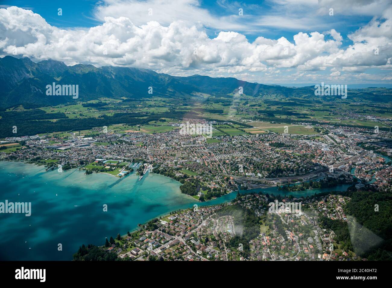 aerial view of the Thun and Lake Thun seen from the Helicopter Stock ...