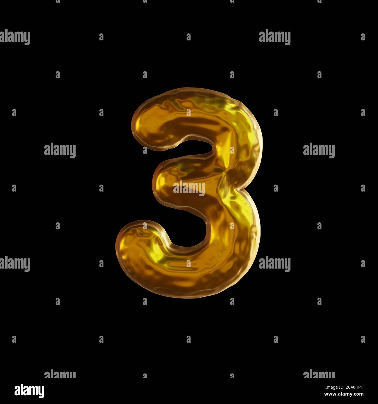 Golden Balloon Number 3, Realistic 3D Rendering on a black background ...