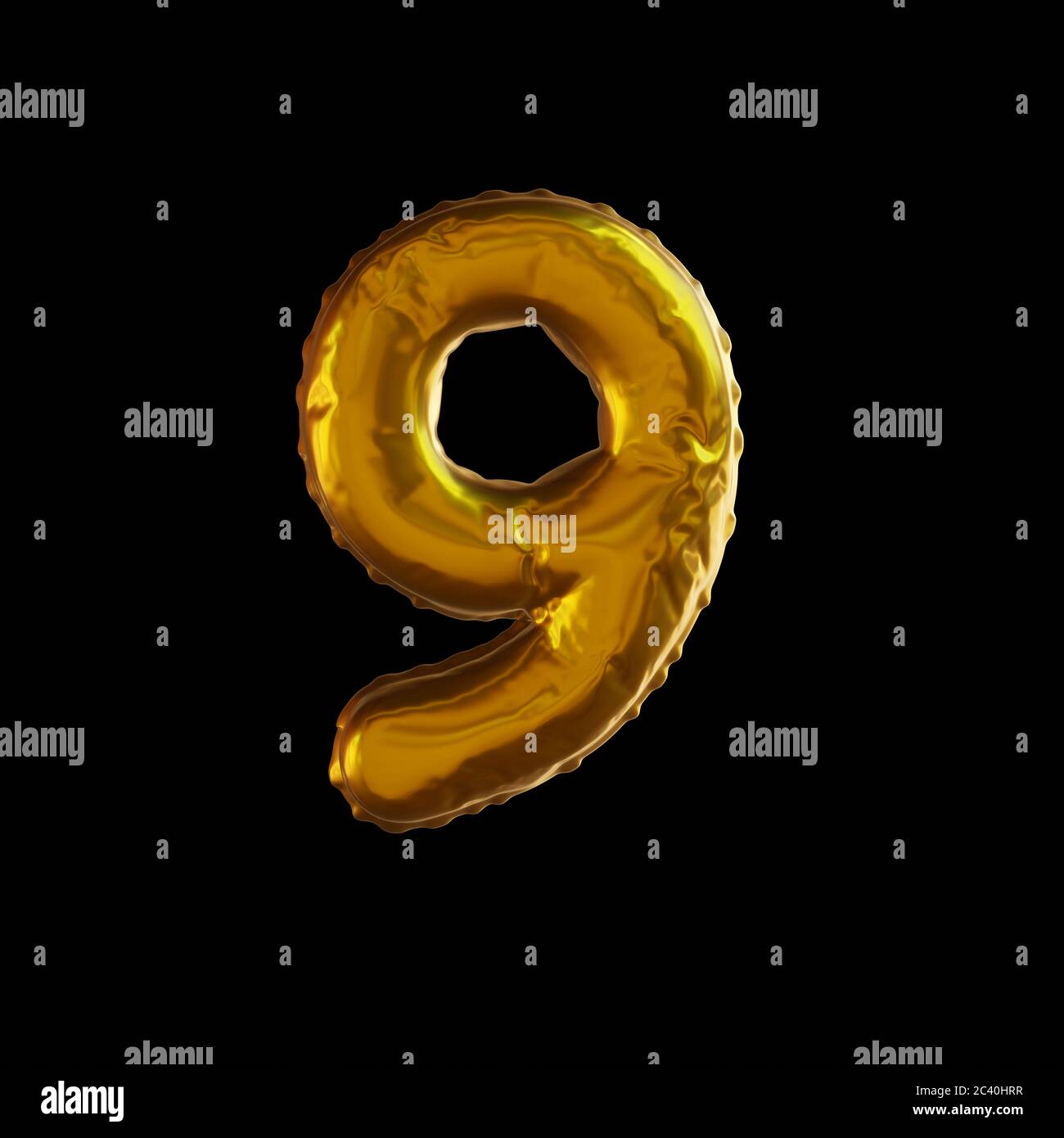 Golden Balloon Number 9, Realistic 3D Rendering on a black background ...