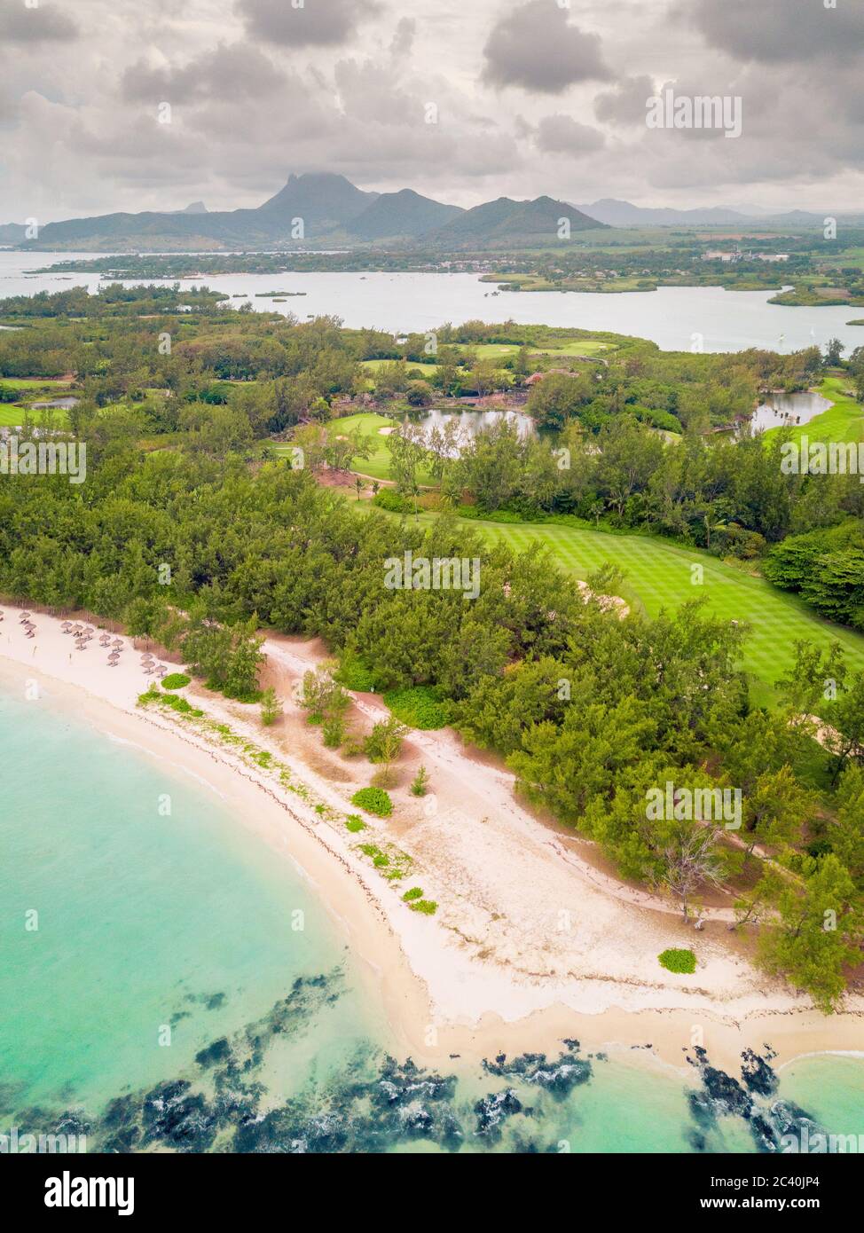 Aerial view of Mauritius, Panorama of Ile aux Cerfs, the deer island ...