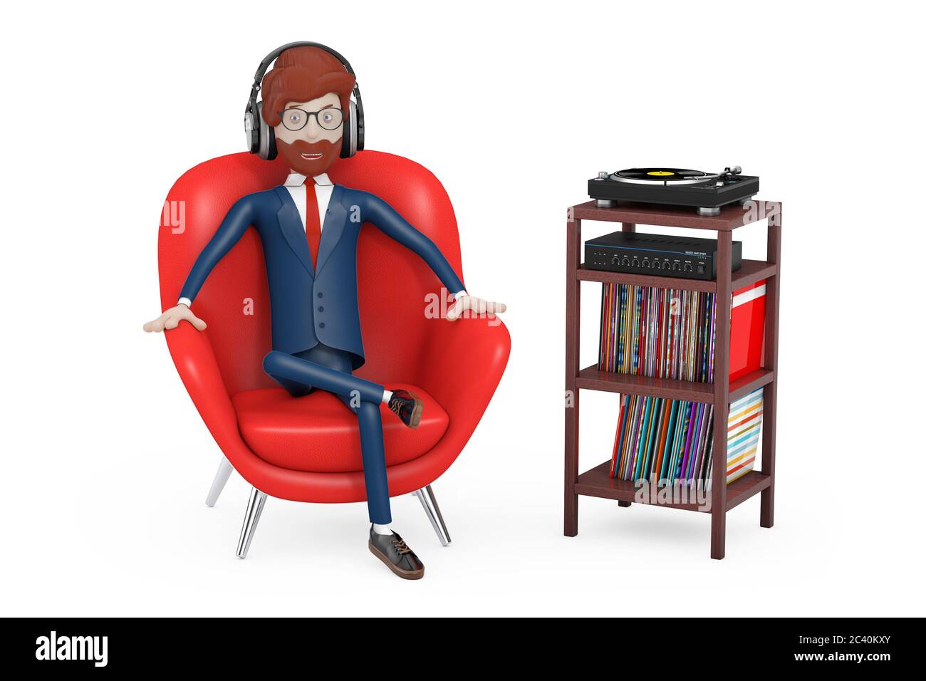 Cartoon Character Person Sits in Red Leather Relax Chair and Listens ...