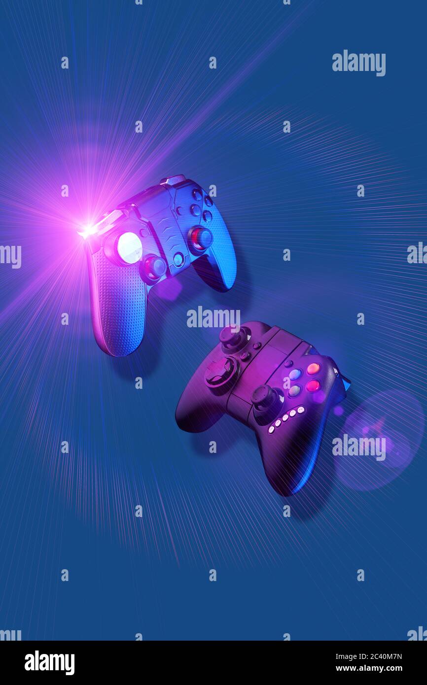 Two flying joysticks. Concept of multiplayer game, entertainment and ...