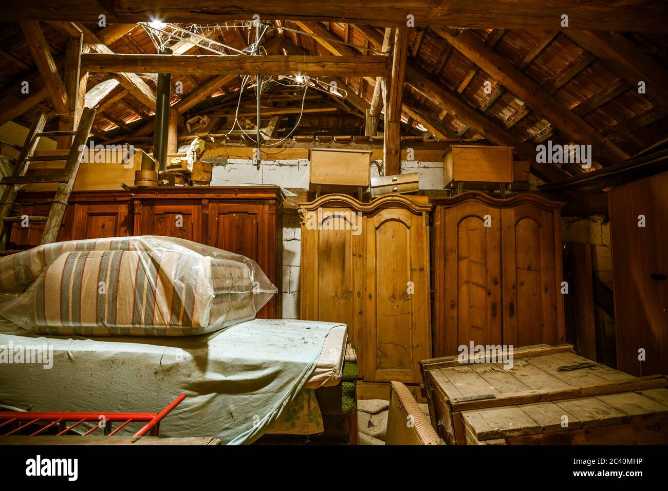 Interior of old wooden shed with scrap wood with sunrays. Old barn ...