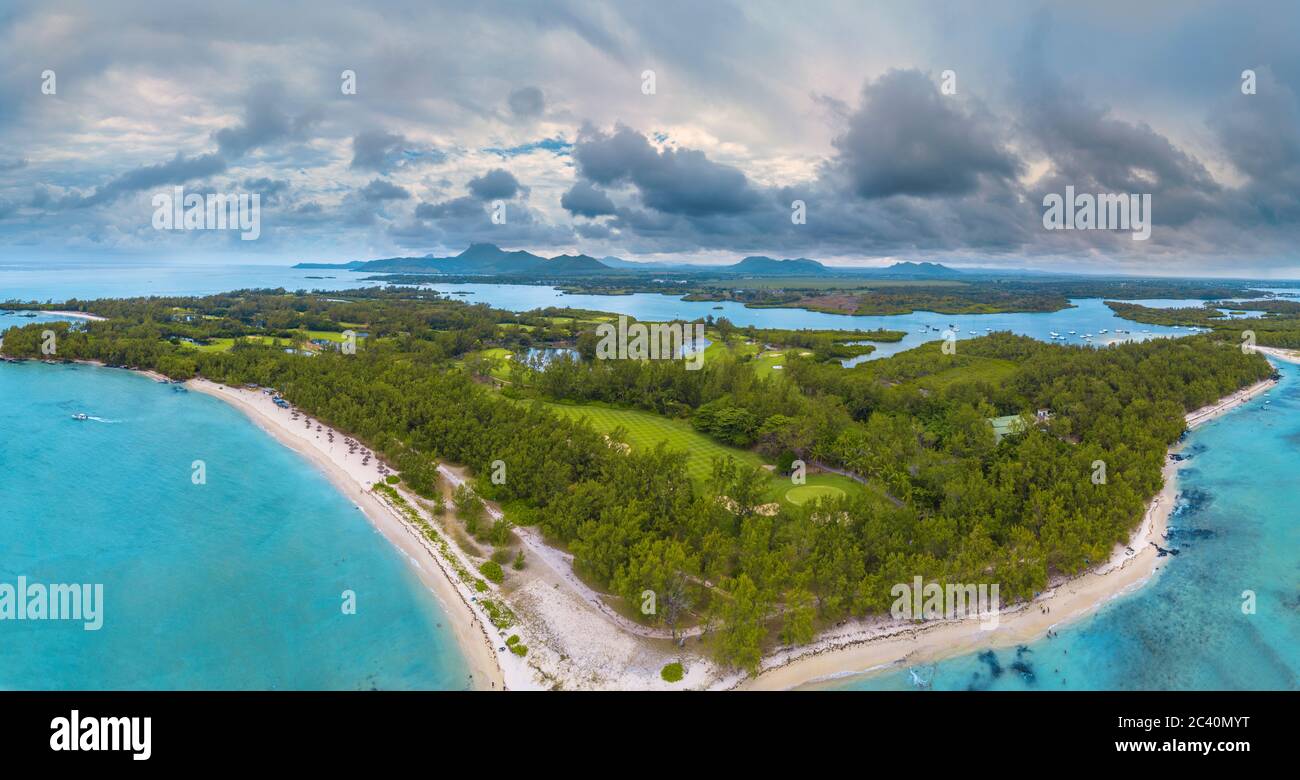 Aerial view of Mauritius, Panorama of Ile aux Cerfs, the deer island ...