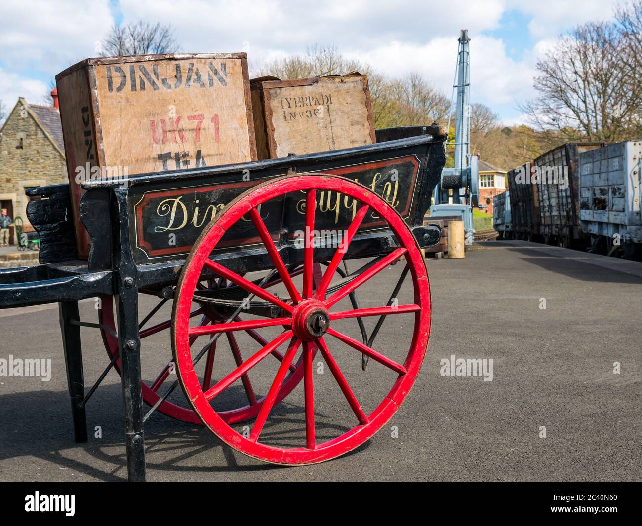 Old-fashioned goods cart with tea crates on railway platform, Beamish ...