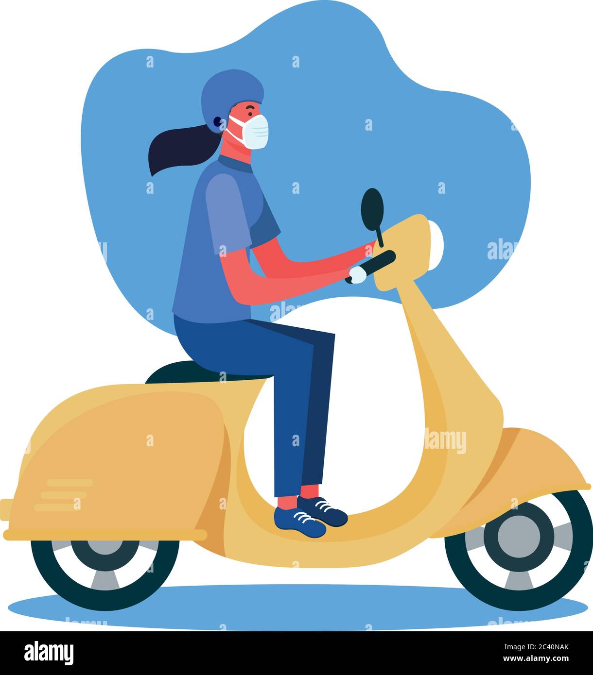 woman with mask on motorcycle design of medical care and covid 19 virus ...