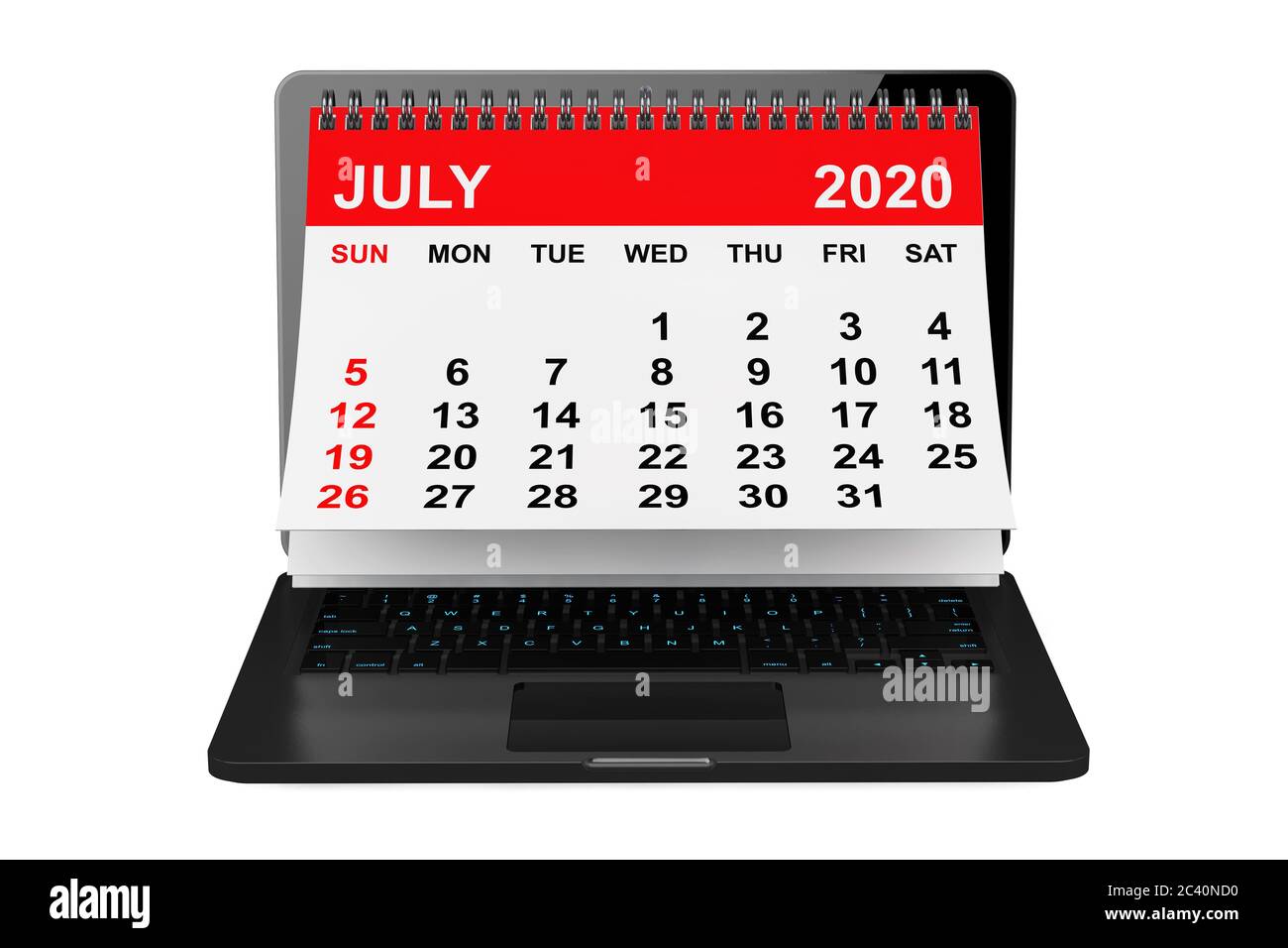 2020 year calendar. July calendar over laptop screen on a white ...