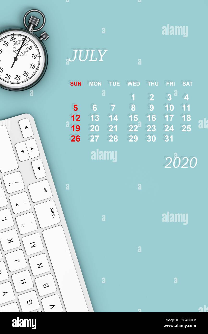 2020 year calendar. July calendar with Stopwatch and Keyboard. 3d ...