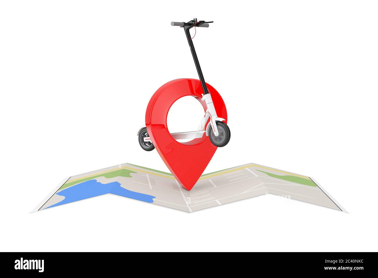 White Modern Eco Electric Kick Scooter with Red Map Pointer Pin over ...