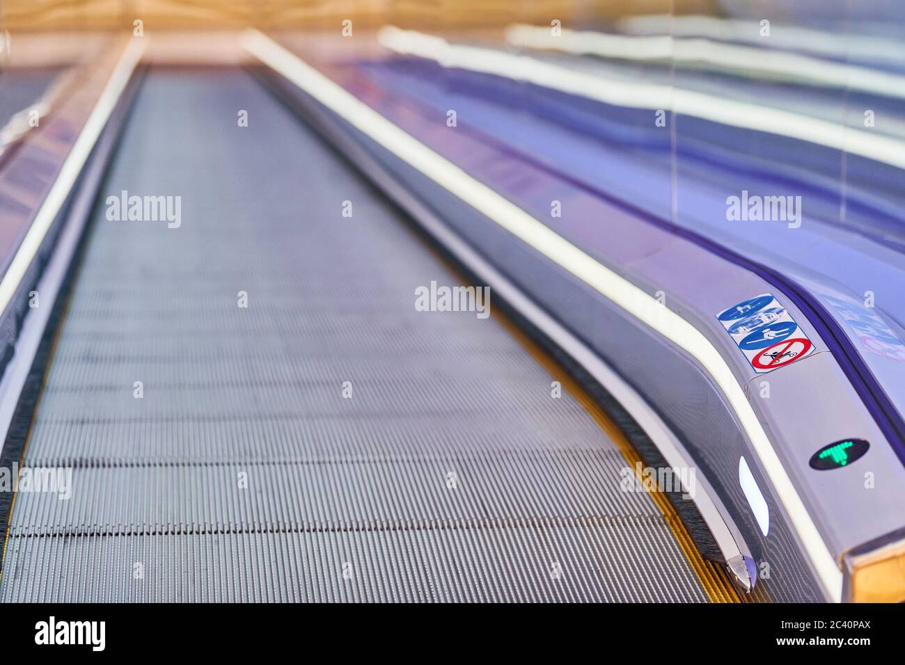 Moving walkway in shopping center. Horizontal slow-moving conveyor ...