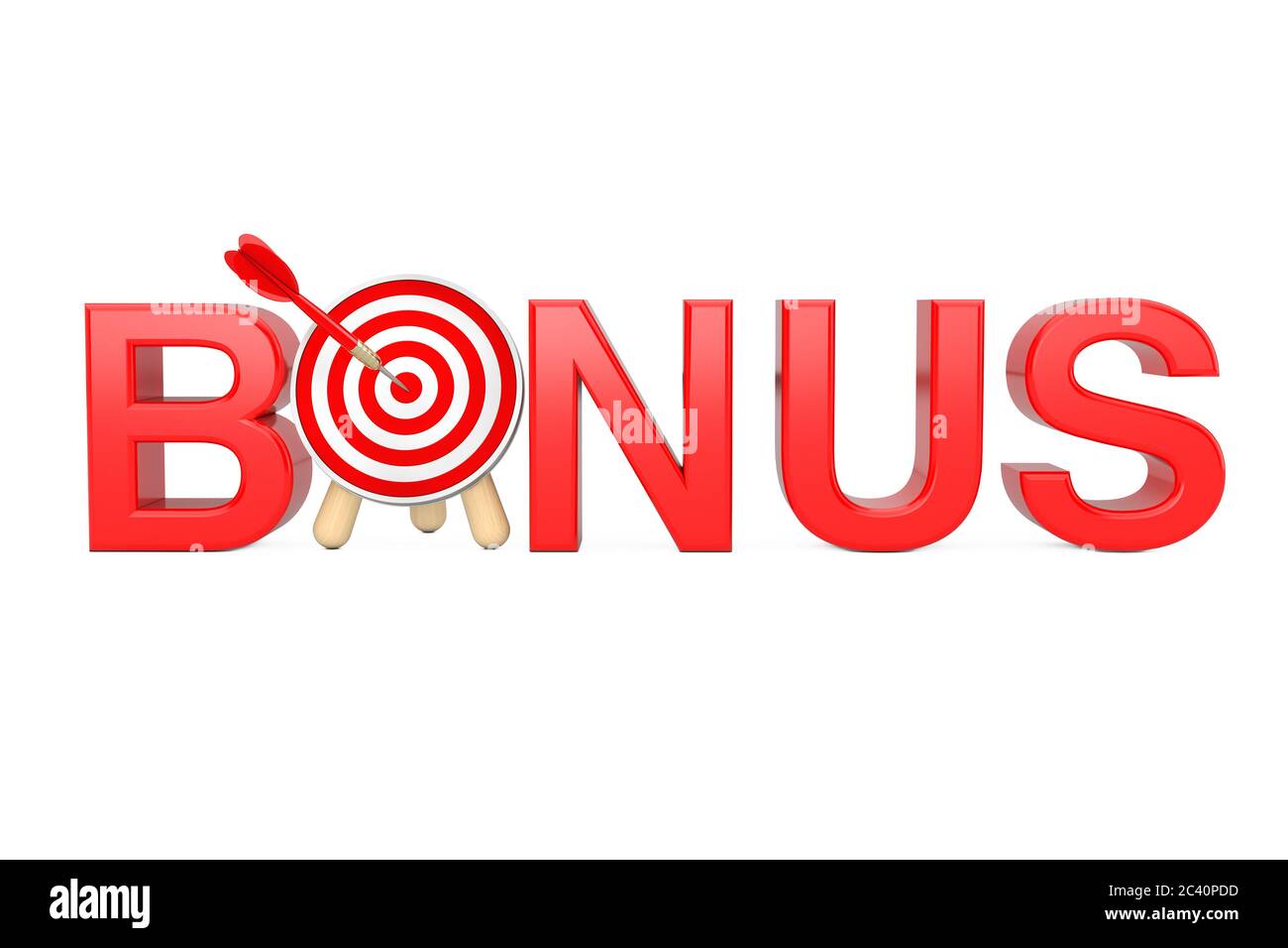 Red Bonus Sign and Archery Target with Dart in Center on a white ...