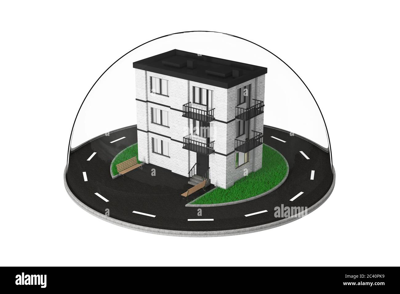 Home Safety Concept. City, Town White Brick House Building Protected ...