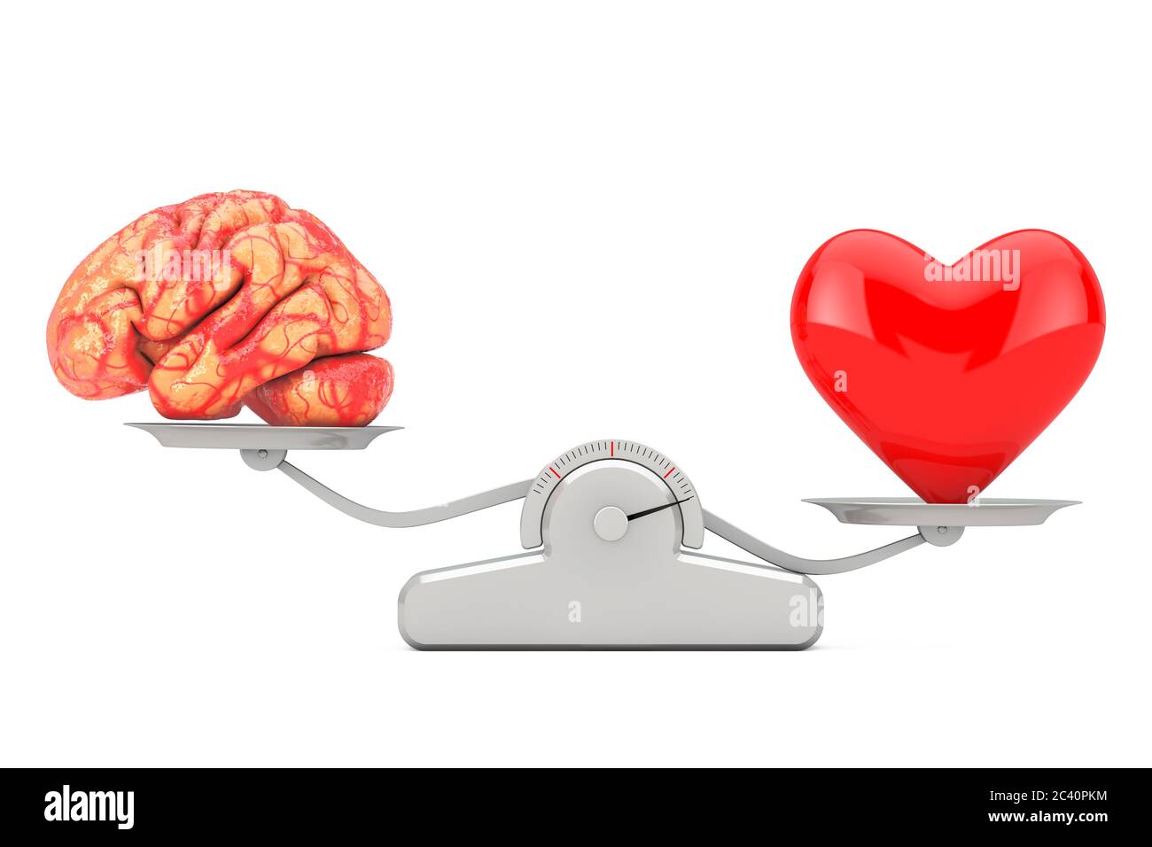 Brain And Red Heart over Simple Balance Scale on a white background. 3d ...