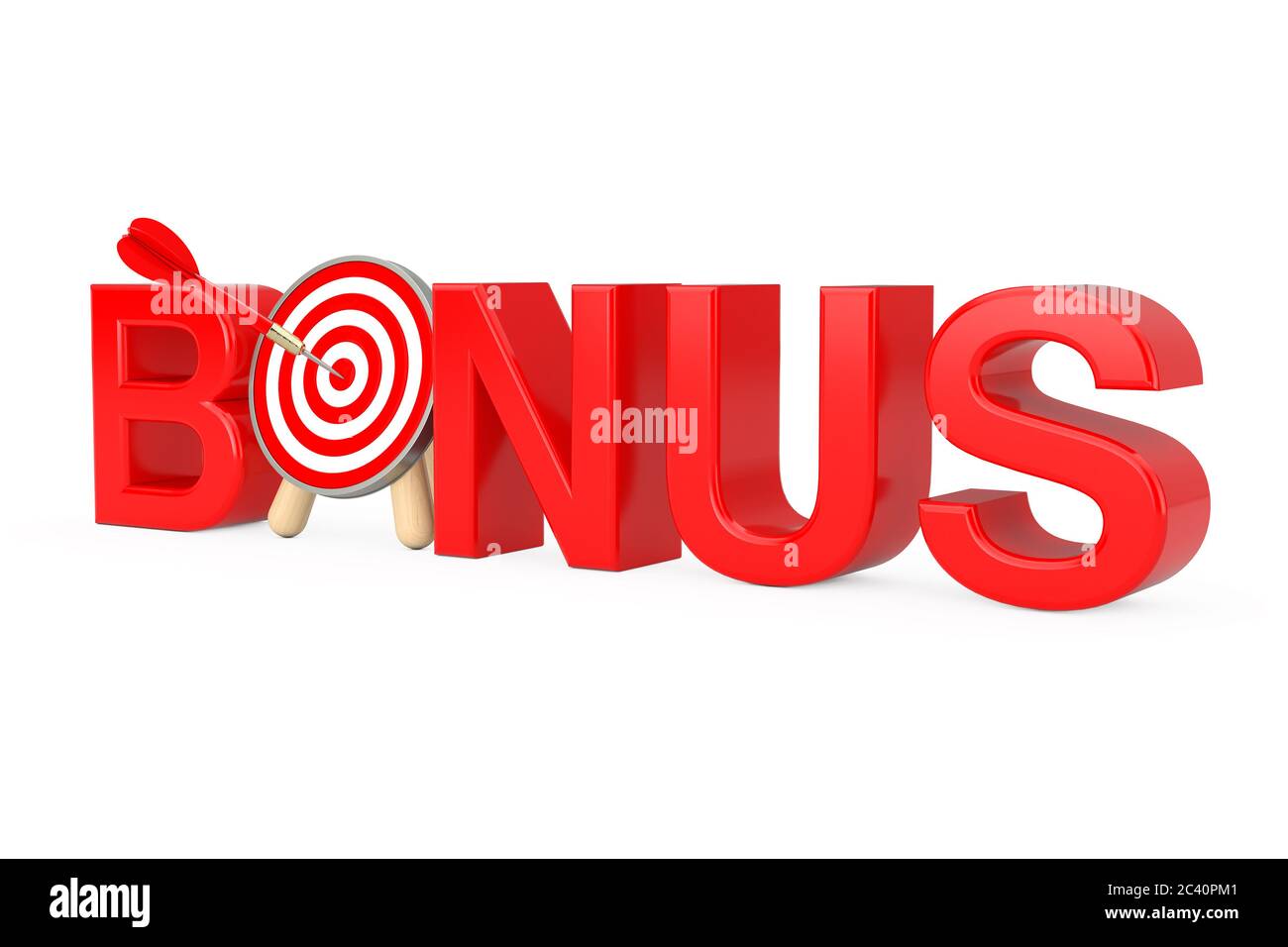 Red Bonus Sign and Archery Target with Dart in Center on a white ...