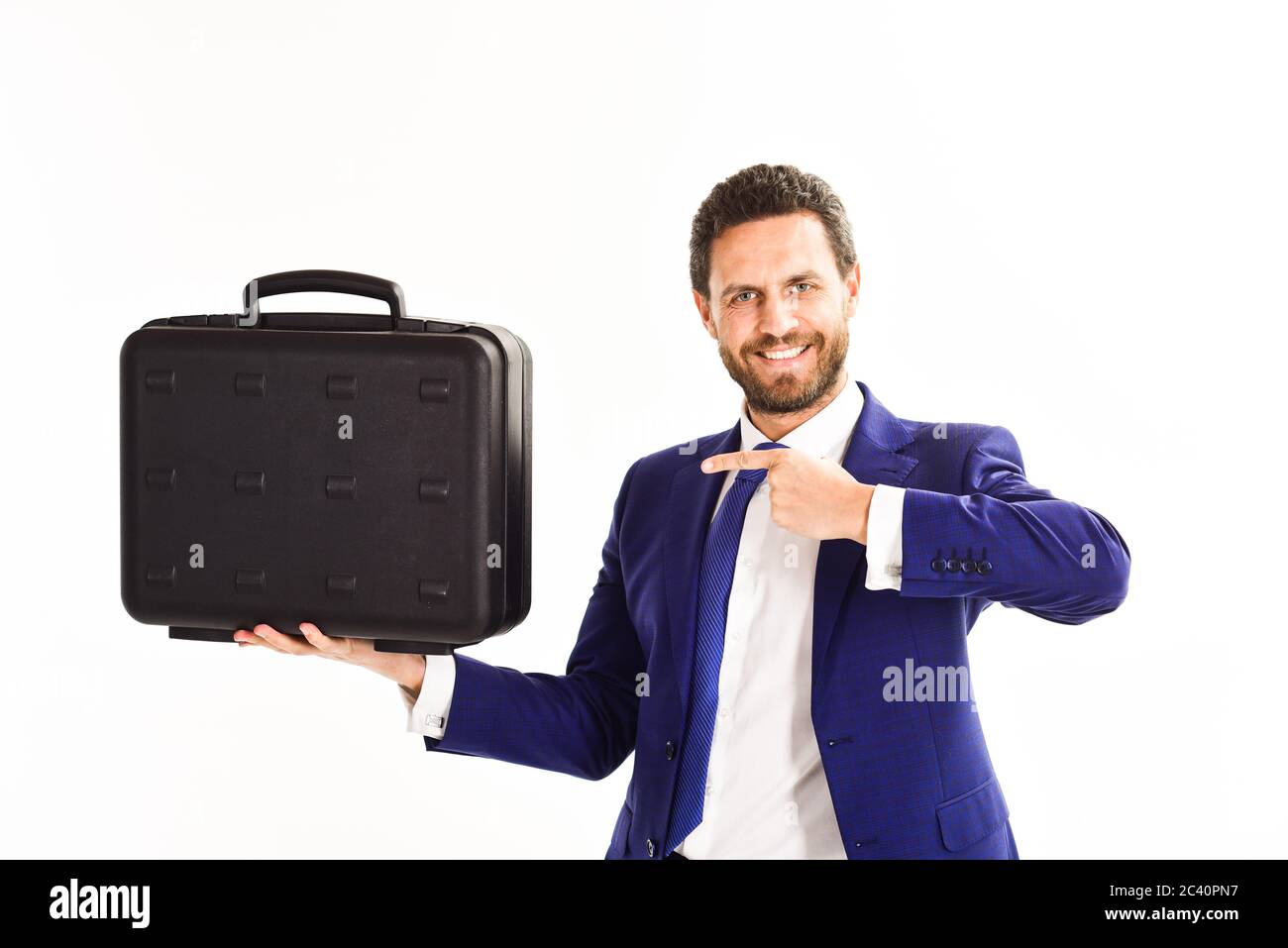 Advertising and sales concept. Man carries black case in hand. Man in ...