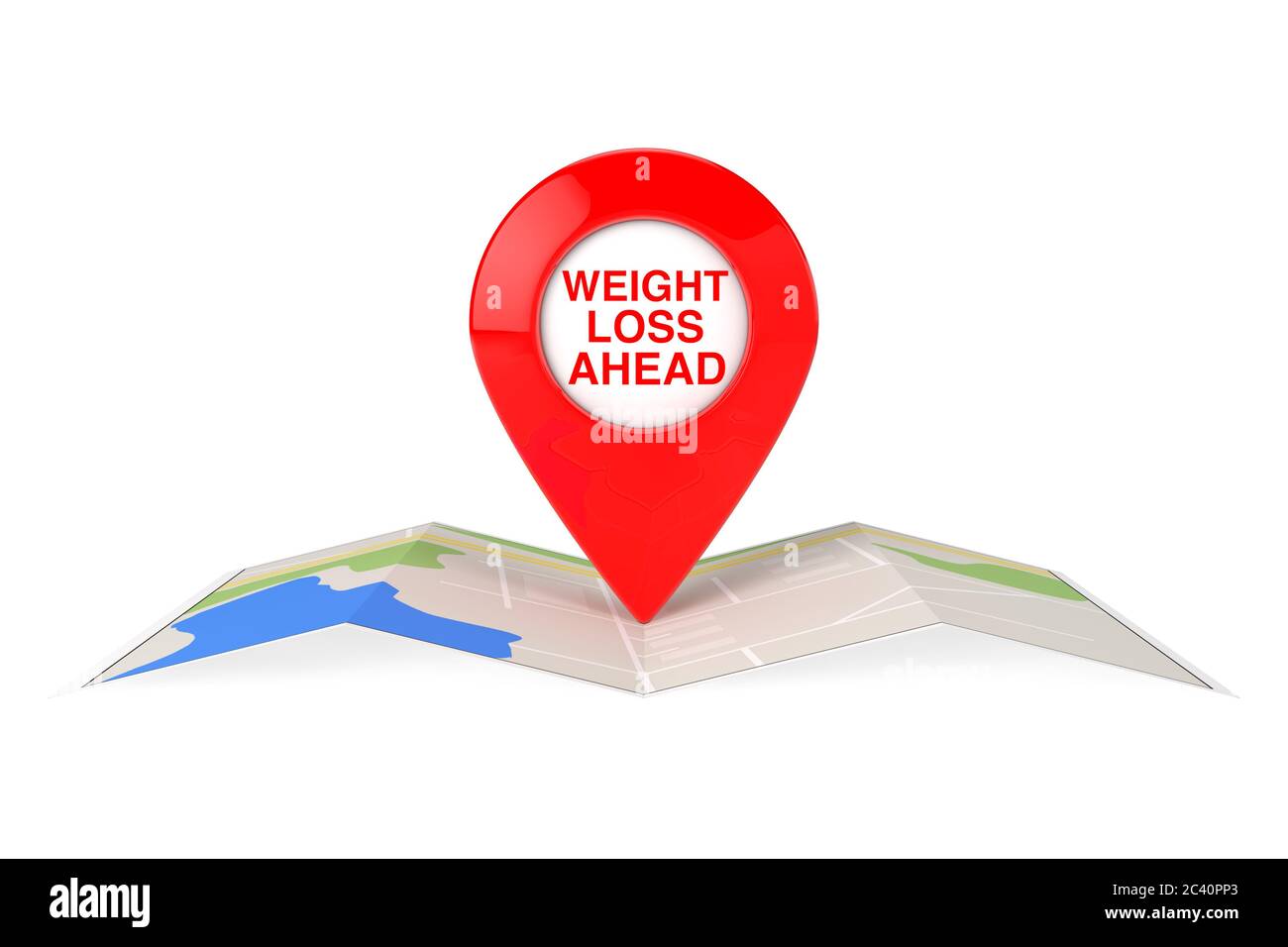 Weight Loss Ahead Red Map Pointer Pin over City Map on a white ...