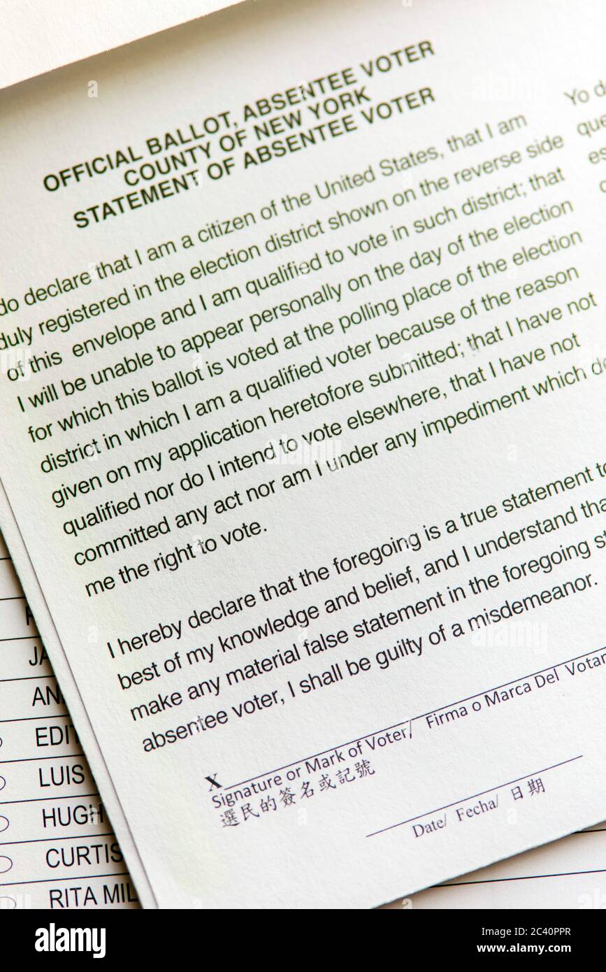 View of a voter's paper absentee ballot on a table, New York, NY, USA ...